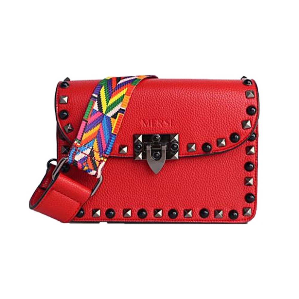 Ruby Red Crossbody Bag With Rainbow Strap - Gem